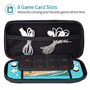 CoBak Carrying Case for Nintendo Switch Lite - with 1 Screen Protector, 1 Grip Case and 4 Thumb Grip Caps, Ultra Slim Premium EVA Travel Pouch Protective Cover, 8 Game Cartridges, Black