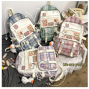 KOWVOWZ Kawaii Plaid Backpack with Pin Cute Cartoon Plush Pendant for Girl School Bag (Green)