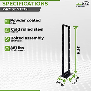 NavePoint 45U 2 Post Open Frame Server Rack for 19 Inch Equipment, AV, Networking, Data & IT Devices, 2-Post Rack 45U 881lbs Weight Capacity, Black