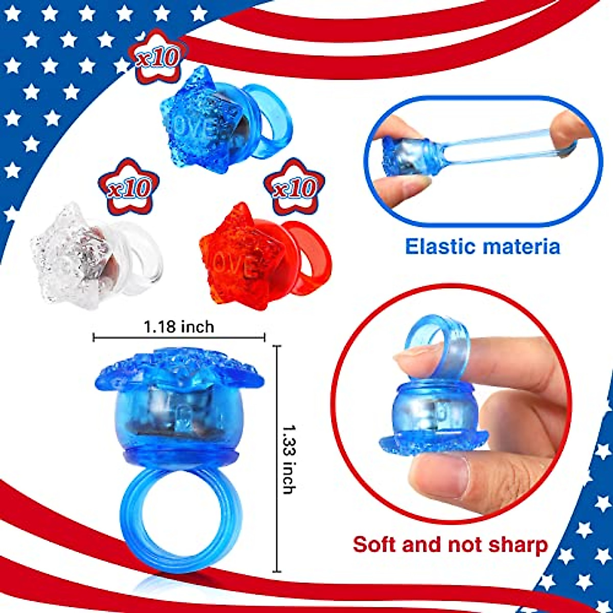 Nosiny 30 Pack Plastic Light Up Rings Glow Rings LED Light Up Star Rings Bulk Red White Blue Flashing Jelly Glow In The Dark Rings Finger Toys for Memorial Day Parties, Raves, Concert Shows, Gifts