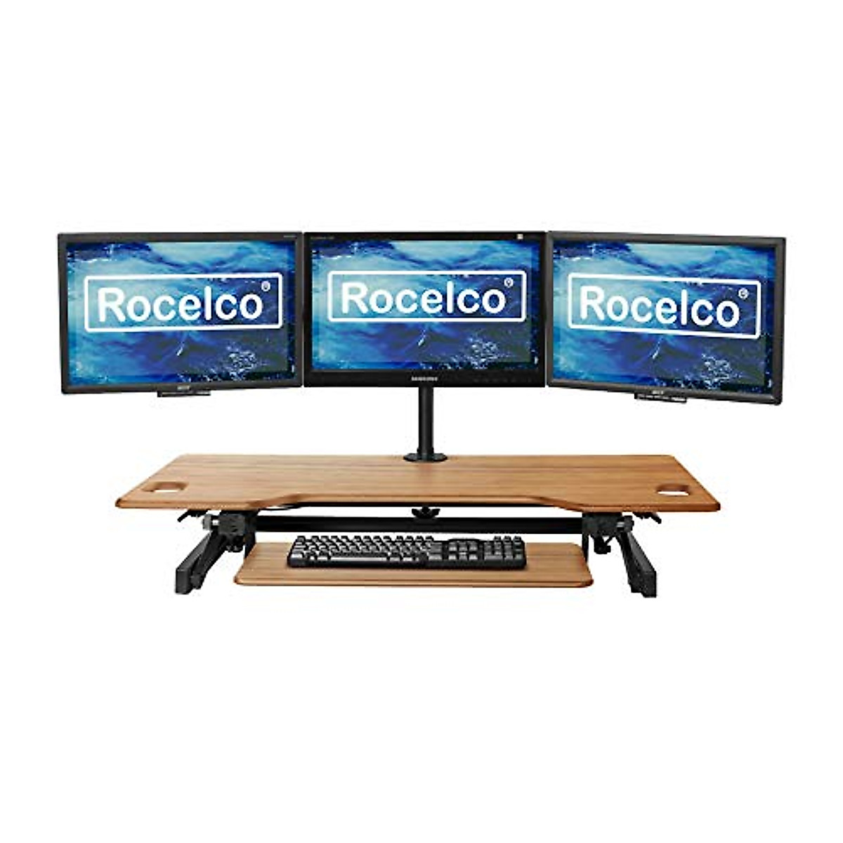 Rocelco 46" Large Height Adjustable Standing Desk Converter with Triple Monitor Mount BUNDLE - Sit Stand Up Computer Workstation Riser - Retractable Keyboard Tray - Teak Wood Grain (R DADRT-46-DM3)