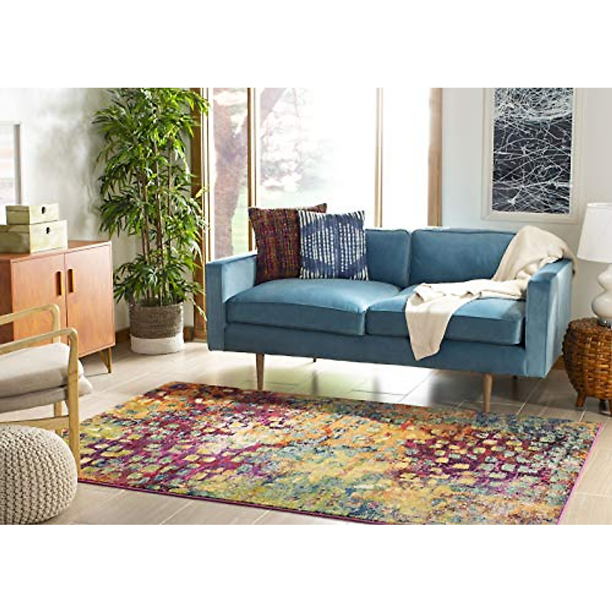 SAFAVIEH Monaco Collection Area Rug - 6'7" x 9'2", Pink & Multi, Boho Chic Abstract Watercolor Design, Non-Shedding & Easy Care, Ideal for High Traffic Areas in Living Room, Bedroom (MNC225D)