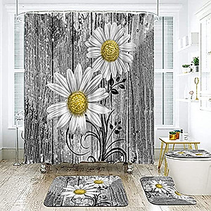 DuoBaorom 4 Pieces Set Daisy Shower Curtain Set Yellow and White Flower Rustic Wood Art on Non-Slip Rugs Toilet Lid Cover Bath Mat and Bathroom Curtain with 12 Hooks 72x72inch