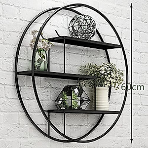 Bedroom Storage Shelf Multipurpose Wall-Mounted Decorative Shelf Metal Iron Round Display Stand/Floating Shelves Creative Living Room,Black,60cm