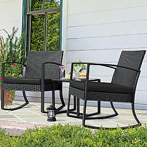 Homall Patio Furniture Set 3 Piece Resin Outdoor Bistro Set Rocking Patio Chairs with Cushions and Table for Porch, Poolside, Balcony and Yard (Black)