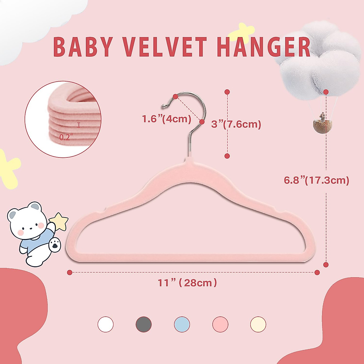 Wellong Baby Velvet Hangers, 11 Inches Kids Clothes Hangers, Non-Slip Childrens Hangers for Infant and Toddler 16 Pack Pink