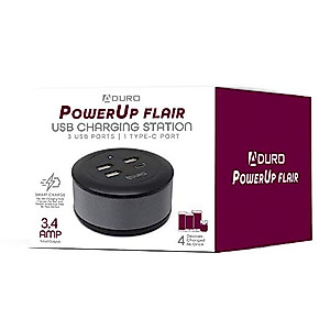 Aduro USB Charging Station for Multiple Devices [PowerUp Flair] Desktop Fast Charger 4-Port USB Hub for iPhone iPad Tablets Smartphones Black/Grey