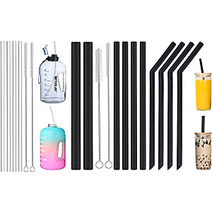 ALINK 15 IN Extra Long Silicone Straws + 10 Black Silicone Boba Smoothie Straws