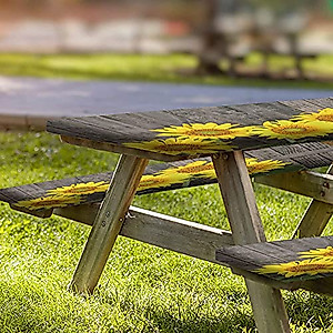 Sunflowers Picnic Bench Fitted Table Cover, Helianthus Against Weathered Aged Fence Summer Garden Photo Table Cloth, 28x72 Inch, 3 Piece Set, for Picnics Indoor and Outdoor Dining, Brown Yellow