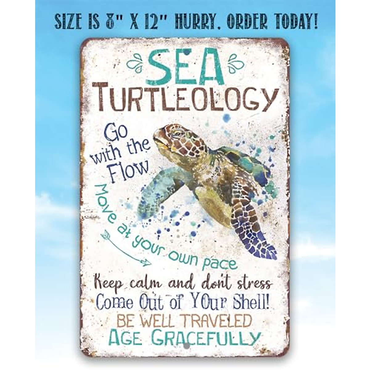Sea Turtle Decor - Sea Turtleology - Durable Sea Turtle Gifts Metal Sign - Metal Sea Turtle Wall Decor - Sea Turtles Ocean Bathroom Decor - Great SeaTurtle Decorations for Home - Turtle Sign 8" x 12"