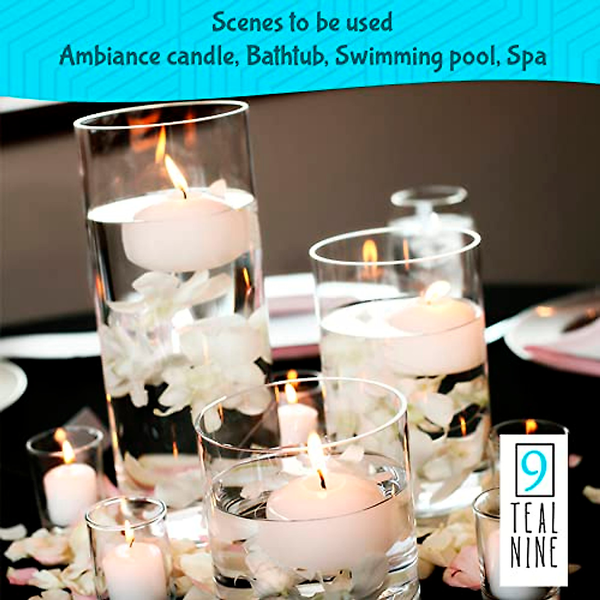 Premium 24 Piece 2 inch Unscented White Dripless Wax Burning Floating Candles Centerpieces, 4+ Hour Burn, Round Tealight Shaped Disks for Wedding, Parties, Special Occasions, Home Decoration TeaL NiNE