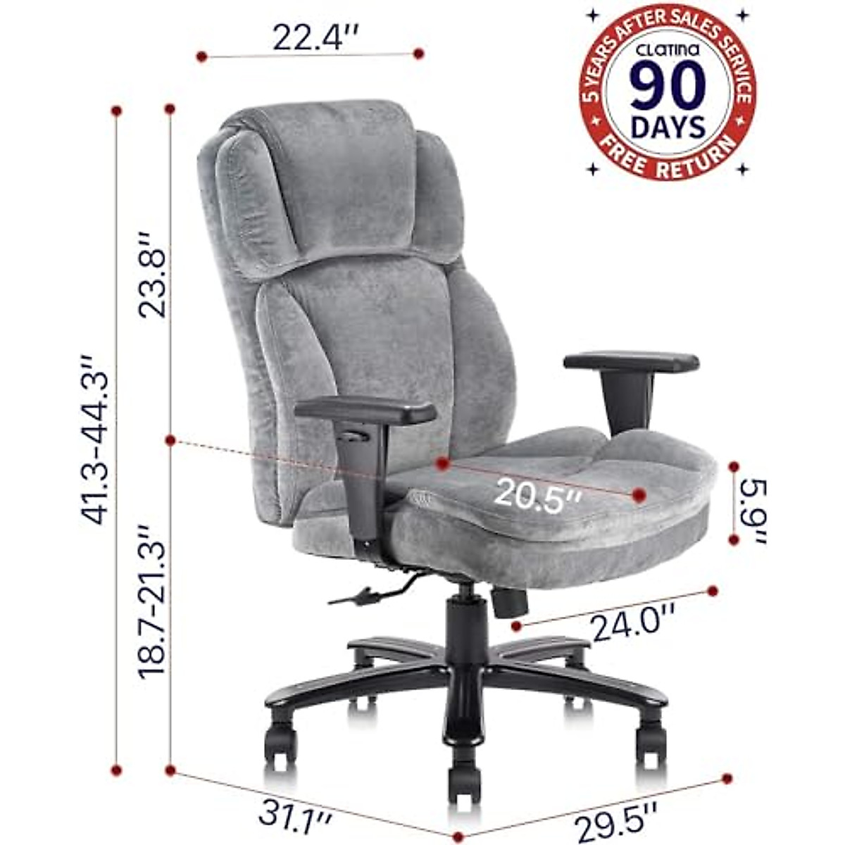 CLATINA Ergonomic Velvet Big Tall Executive Office Chair with Upholstered Swivel 400lbs High Capacity Adjustable Height Thick Padding Headrest and Armrest for Home (Grey)