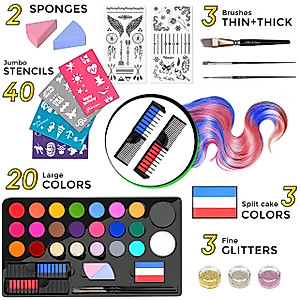 ADIS&GUYS Face Painting Kit For Kids - 20 Water Based, Quick Dry, Non-Toxic Sensitive Skin Paints, 3 Glitters, 2 temporary hair chalks combs, 3 Paint Brushes, 40 Stencils, 2 Tattoos Sheets , Face Painting Book 20 Face Paint kit 20 Face Paint kit