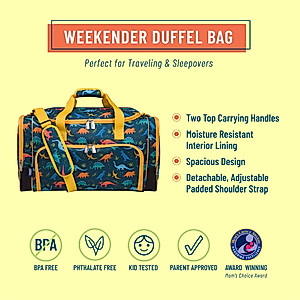 Wildkin Kids Weekender Duffel Bags for Boys & Girls, Perfect for Sleepovers and Travel Duffel Bag for Kids, Carry-On Size & Ideal for School Practice or Weekend Travel Bag (Jurassic Dinosaurs)