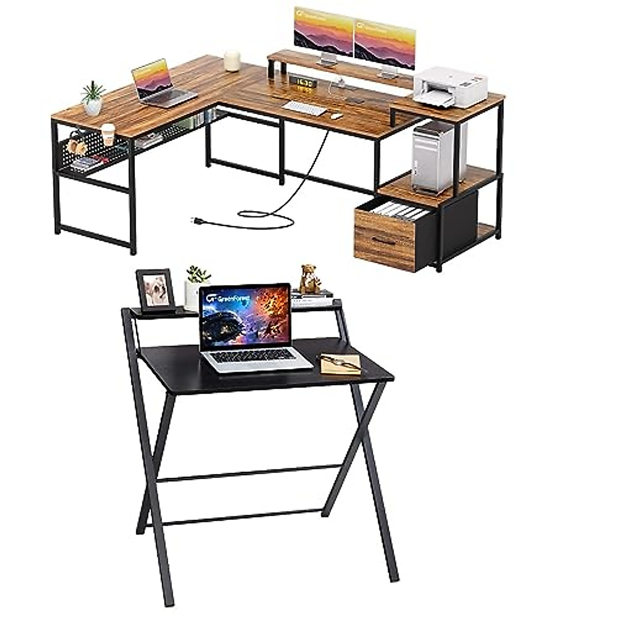 GreenForest Folding Desk No Assembly Required and L Shaped Desk with Drawers, 69 inch Corner Compuer Desk
