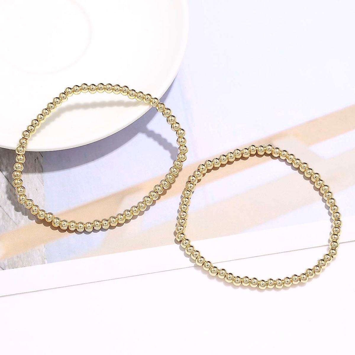 ARATLENCH Beaded Bracelet for Women Stack Stretch String Brass Ball Beads Bracelet Set for Girls (5 pcs gold beads bracelet)