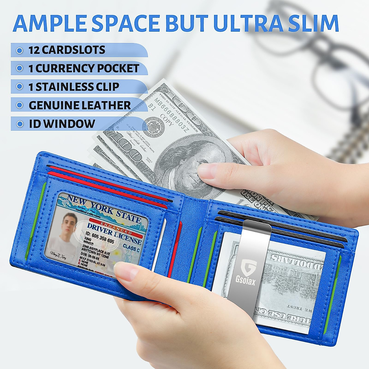 GSOIAX Slim Leather RFID Bifold Wallet for Men with Money Clip and 12 Credit Card Holders - Minimalist Front Pocket Wallet with ID Window, Cool Groove Design (Carbon blue)