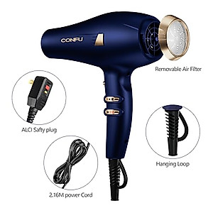 CONFU Hair Dryer, 1875W Professional Salon Blow Dryer, with Diffuser and Concentrator Nozzles Negative Ionic Hair Blow Dryer 2 Speed 3 Heat Quick Drying Suitable for Hairdressers Family Styling