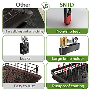 Dish Drying Rack, Auto-Drain Expandable(19.1"-26.9") Kitchen Counter Dish Drainers Rack, Stainless Steel Large Strainers Drying Rack with Drainboard Pan Holder Utensil Holder Caddy Organizer, Black