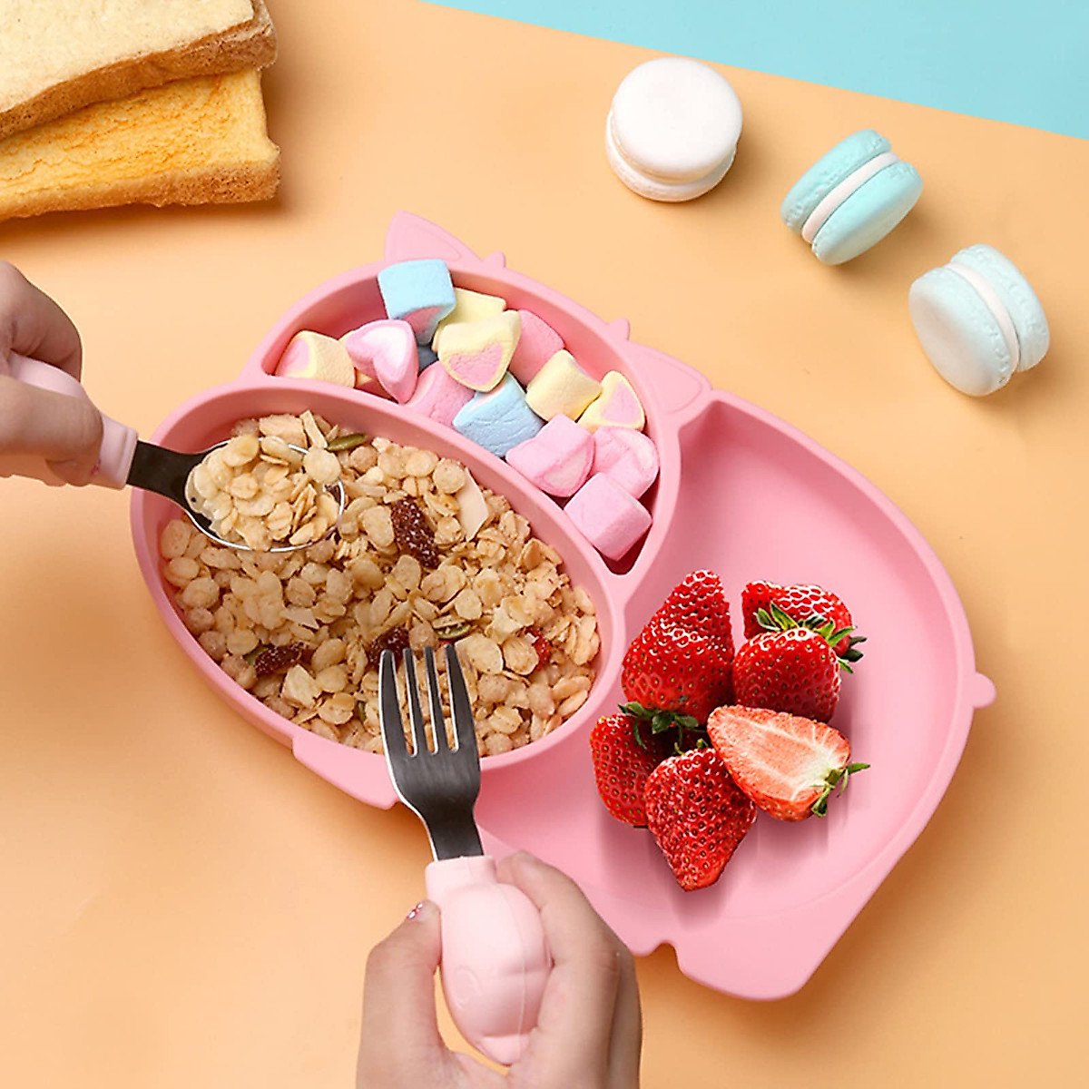 MOTEERLLU Silicone Divided Toddler Plates BPA Free Portable Non Slip Suction Plate with Spoon and Fork Set-Cow,Dishwasher and Microwave Safe. (Green)