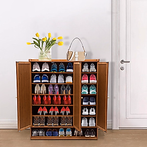 HYYKJ-US Modern Bamboo Shoe Storage Cabinet with Shutter Doors 8 Tier Freestanding Shoe Rack Shoe Floor Storage Organizer Rack for Entryway Living Room Bedroom 35.4" L×12.6" W×42.1" H