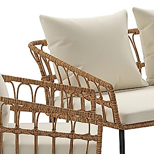 Flash Furniture Evin Boho 4 Piece Patio Conversation Set - Natural Rope Rattan - Cream All-Weather Cushions - Tempered Glass Top Coffee Table - Indoor/Outdoor