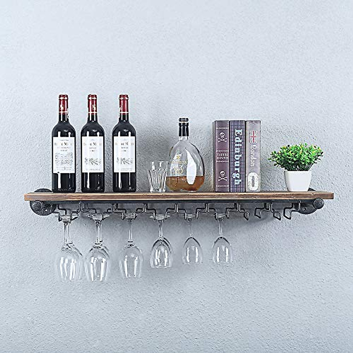 Industrial Pipe Shelving Hanging Stemware Racks,Rustic Wall Mounted Wine Rack with 8 Glass Holder,36in Steampunk Iron Floating Bar Shelves,Metal Real Wood Shelf Wall Shelf Stemware Holder
