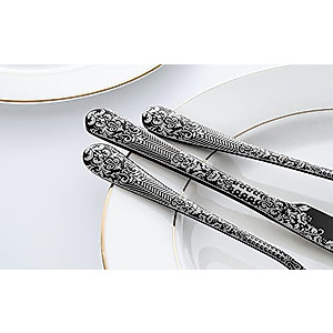 Fivent Floral Damask Rose Black Cutlery Set - 20 pcs - Includes 8 x Spoons, 8 x Forks, 4 x Knife - Stainless Steel, Dishwasher Safe, Mirror Polished Tableware - Durable Flatware - Home Kitchen