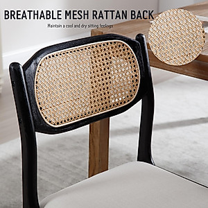 Shunzhi Modern Dining Chairs Set of 2 with Rattan Back and Black Wood Legs, Mid Century Cane Dining Room Chairs Farmhouse Upholstered Kitchen Chairs for Dining Room/Restaurants, White Linen