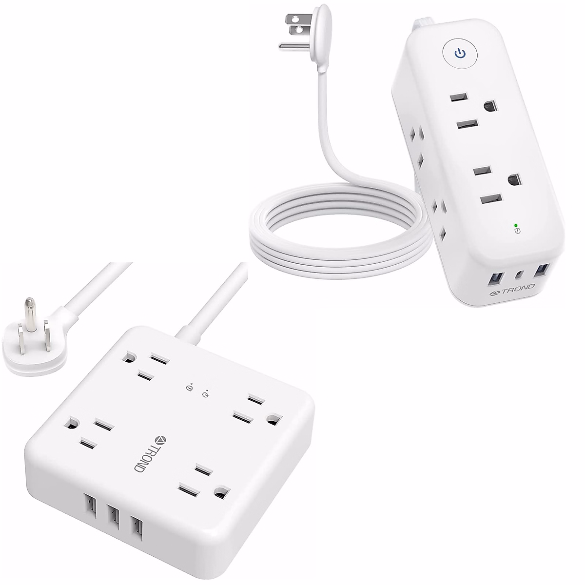 Flat Plug Power Strip - TROND 5ft Ultra Thin Extension Cord with 6 Widely Outlets and 3 USB Ports(1 USB C) + TROND Ultra Thin Flat Extension Cord 5ft with 3 USB Ports, 4 Widely-Spaced Outlets