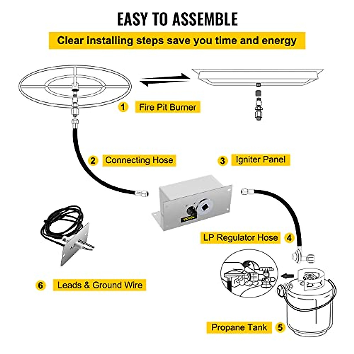 VEVOR Fire Pit Gas Burner Spark Ignition Kit, 300K BTU Fire Pit Ignition System, Stainless Steel Fire Pit Igniter, All-in-One Fire Pit Kit with Key Valve, Electric Igniter and 2 PVC Connecting Hoses