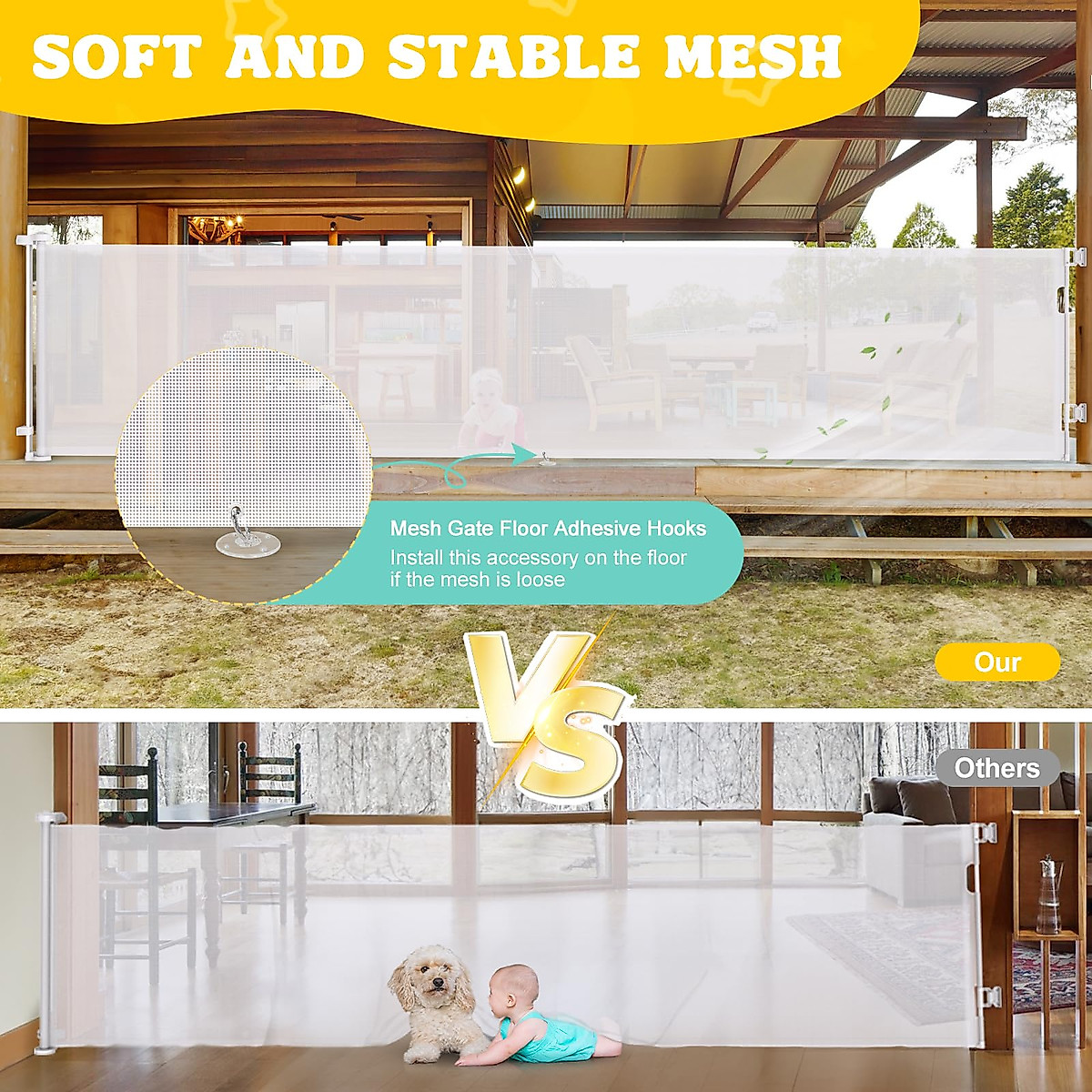 150 Inches Extra Wide Retractable Baby Gates, Baby Gates for Large Openings, Stairs, Hallways and Doorways, Dog Gates for The House Extra Large, Pet Gates for Dogs, Indoor/Outdoor Use, White