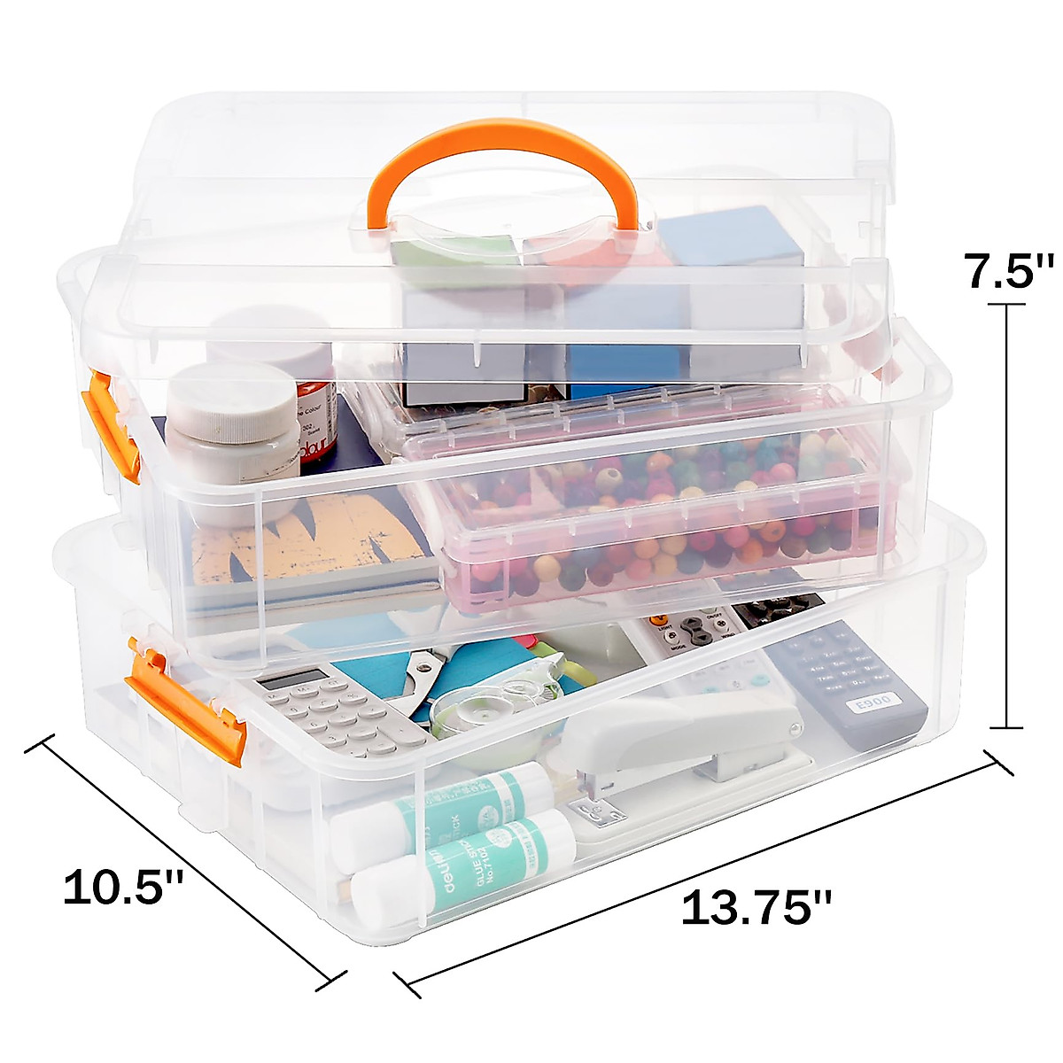 Yesland Large 2 Layer Stack & Carry Box,13.75 x 10 x 7.5 Inch Plastic Multipurpose Stackable Craft Storage Box Container with Orange Handle, Portable Organizer Box for Stationery, Sewing, Art Craft