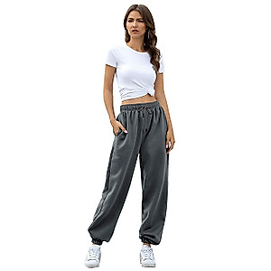 Comfy Sweatpants Women Girls Joggers Light Weight High Waisted Cuffed Yoga Cute Sport Gym Athletic Fit Lounge Pants Dark Grey XL