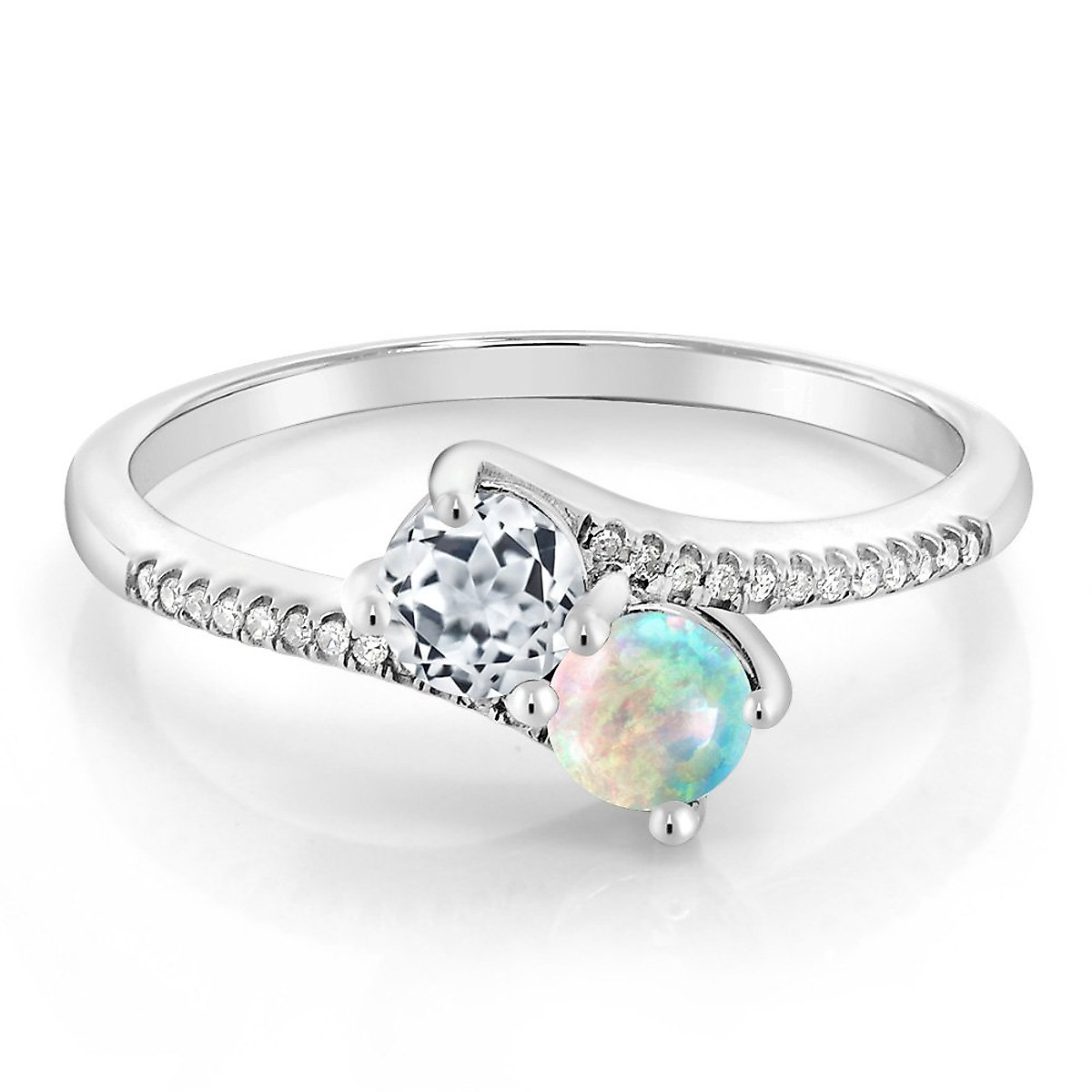 Gem Stone King 10K White Gold Forever United 2 Stone White Topaz and White Simulated Opal and Diamond Engagement Ring For Women (0.75 Cttw, Round, Avaiable in Size 5,6,7,8,9)