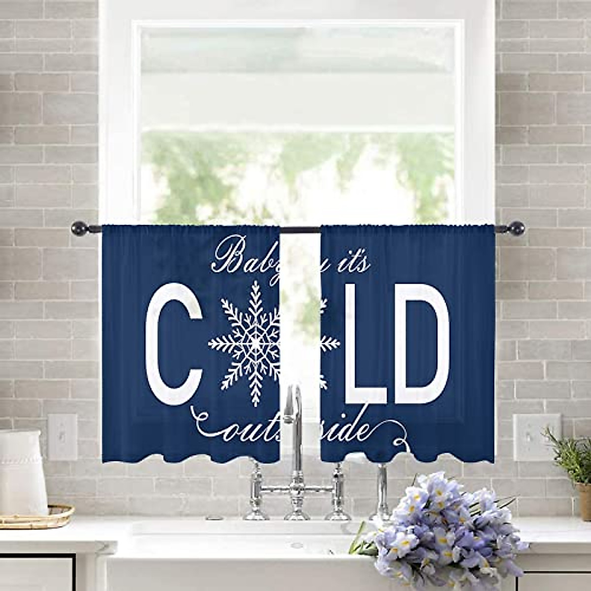 AmbeHome Semi Sheer Curtain Rod Pocket Kitchen Curtains, Christmas Sheer Window Curtains 54 Inch Length 2 Panels Set, Voile Window Drapes for Bedroom Living Room Cold Winter Snowflakes Blue Backdrop