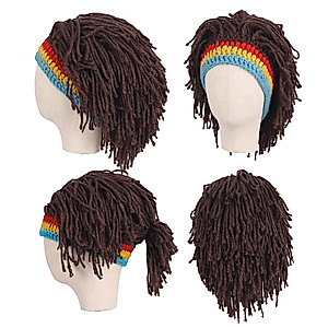 Men Knit Hat with Hair Boys Funny Handmade Knitting Winter Hat Beanie Rasta Hat with Dreadlocks (B-Brown)