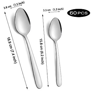 60 Pieces Dinner Spoons (7.4 inches) and Teaspoons (6.2 inches), Pleafind Spoons Silverware and Teaspoons, Contains 24 Pieces Spoons and 36 Pieces Teaspoons, Use for Home, Kitchen, Restaurant