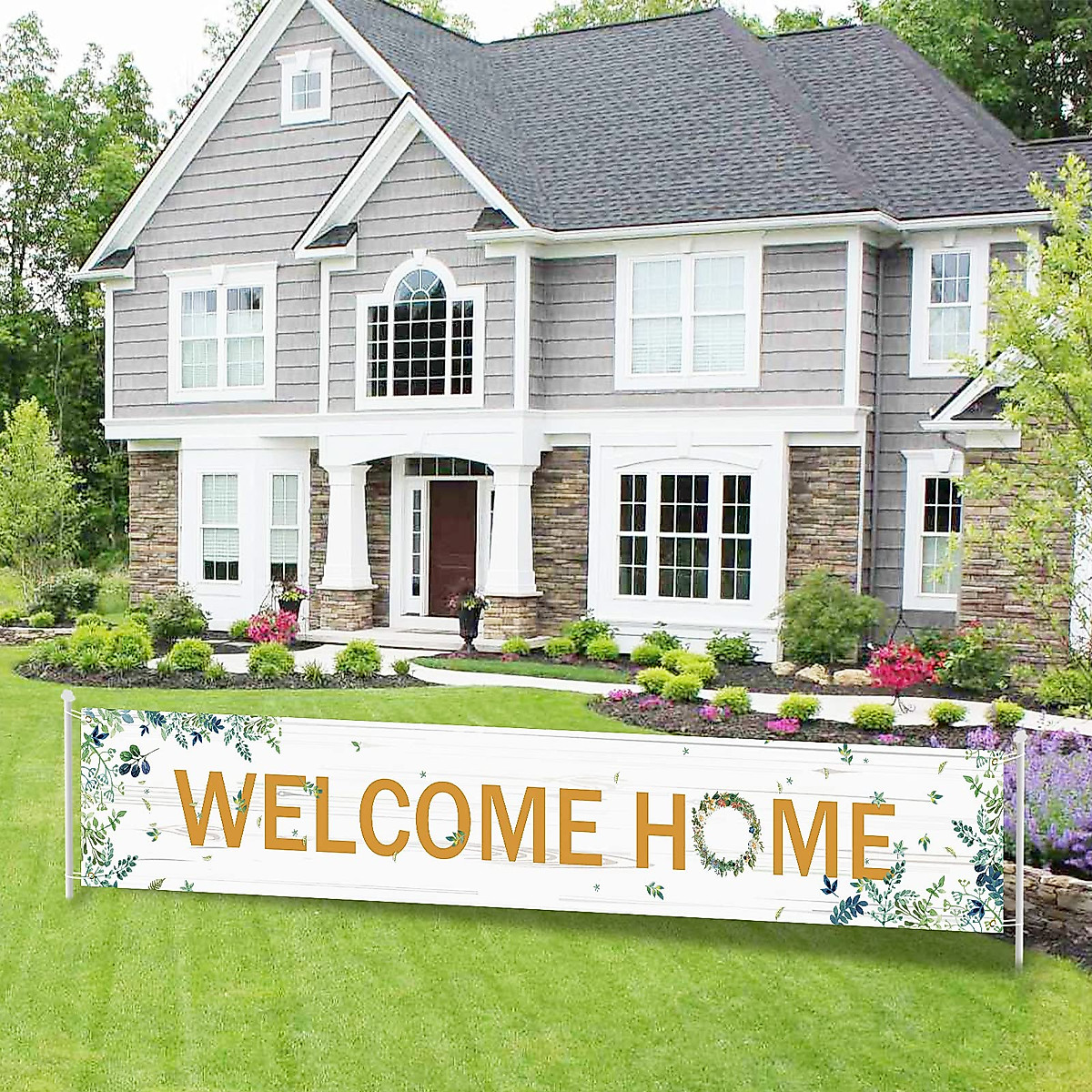 WHPCT Welcome Home Large Banner, Housewarming Party Sign, Flower Cluster Welcome Banner Yard Sign, Spring Summer Floral Welcome Home Banner for House Outside Decor 9.8X1.6Ft WB-ALPmk-ow