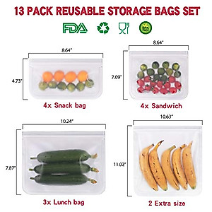 Reusable Storage Bags, 13x Lunch Bags, Food container sets, 4xSnack Bag+4x Sandwich Bags+3xLarge Bag+2 Extra Size Gallon Bags, Leak-proof for Lunch and Easy for Travel.