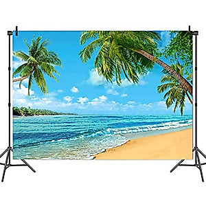 Summer Tropical Hawaii Palm Tree Or Beach Photography Backdrops 7X5FT Blue Sea Sky Sunshine Luau Party Photo Background Wedding Bride Shower Baby Birthday Party Banner Supplies Props Vinyl
