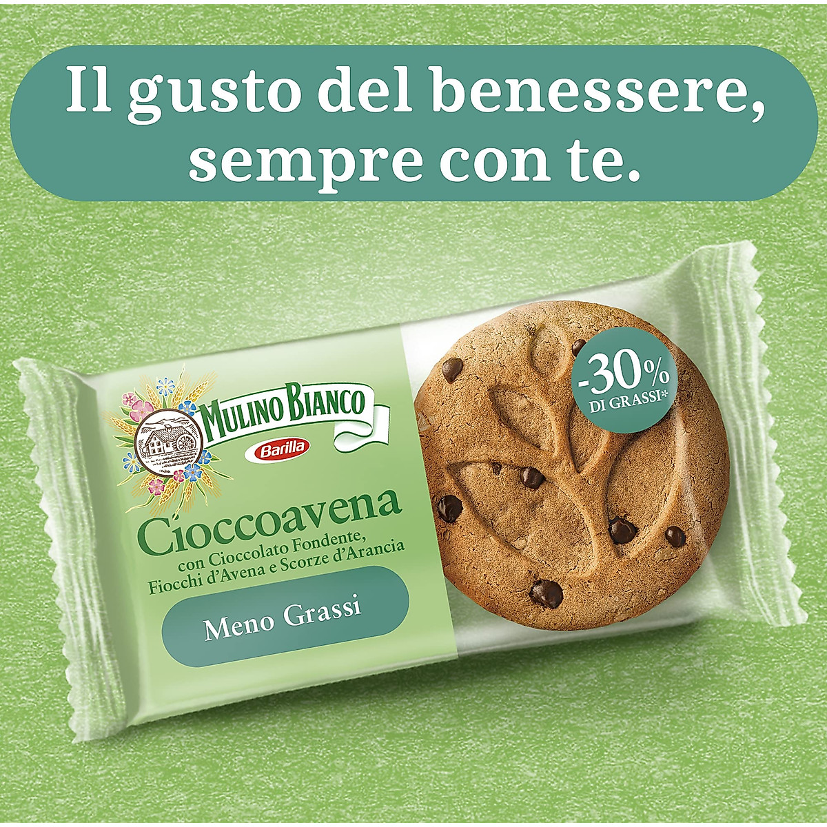 Mulino Bianco Cioccoavena Biscotti con Meno Grassi, Cioccolato Fondente, Fiocchi di Avena e Scorze d'Arancia, Confezione 220