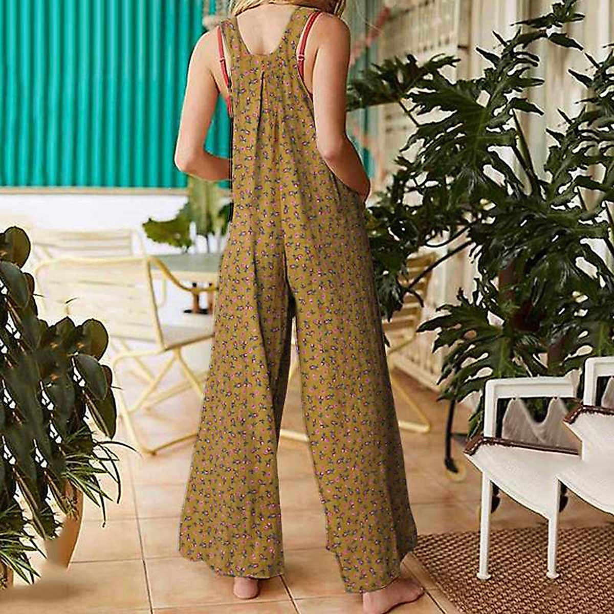 Padaleks Women's Summer Vintage Floral Print Jumpsuits Sleeveless Overalls Romper Boho Baggy Long Pants w/Pocket
