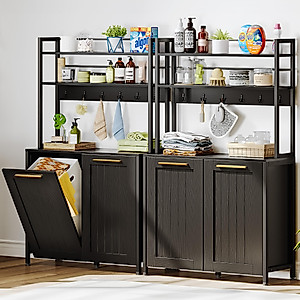 DWVO Laundry Hamper with Shelves, 3-Tier Laundry Hamper Cabinet 53" Tilt Out Hamper with 6 Hooks and 2 Removable Laundry Baskets for Laundry Room Bathroom, Black