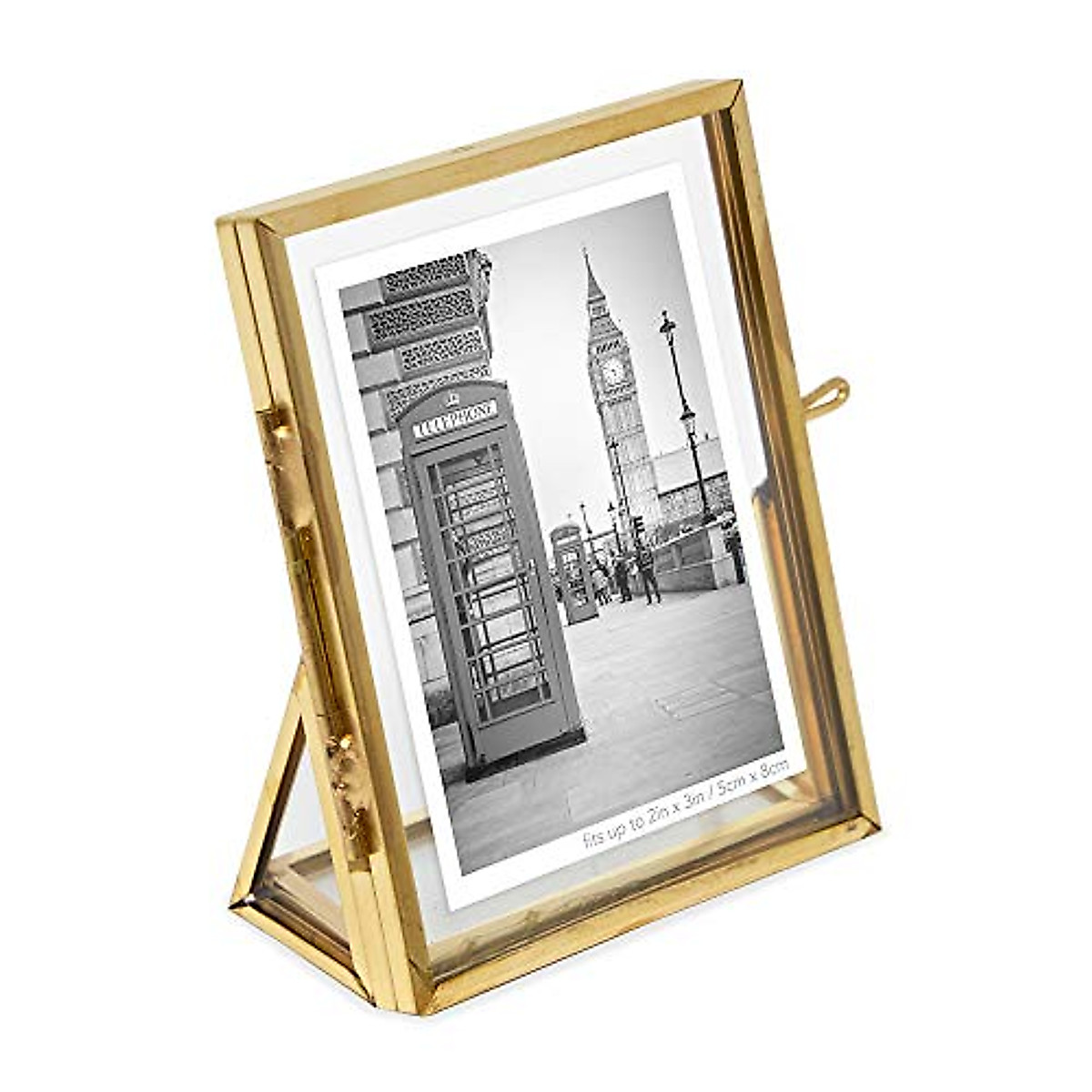 Isaac Jacobs 2x3, Antique Gold, Vintage Style Brass and Glass, Floating Photo Frame, Metal, (Vertical), with Locket Closure and Angled Base, for Pictures, Art, Mementos, Keepsakes (2x3, Antique Gold)