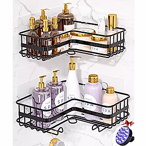 Roseyat Corner Shower Caddy Shelf Basket for Shampoo Stainless Steel, Adhesive Shower Shelf Storage Organizer, No Drilling Shower Shelves For Inside Shower Rack Holder with Hooks-2 Pack Black