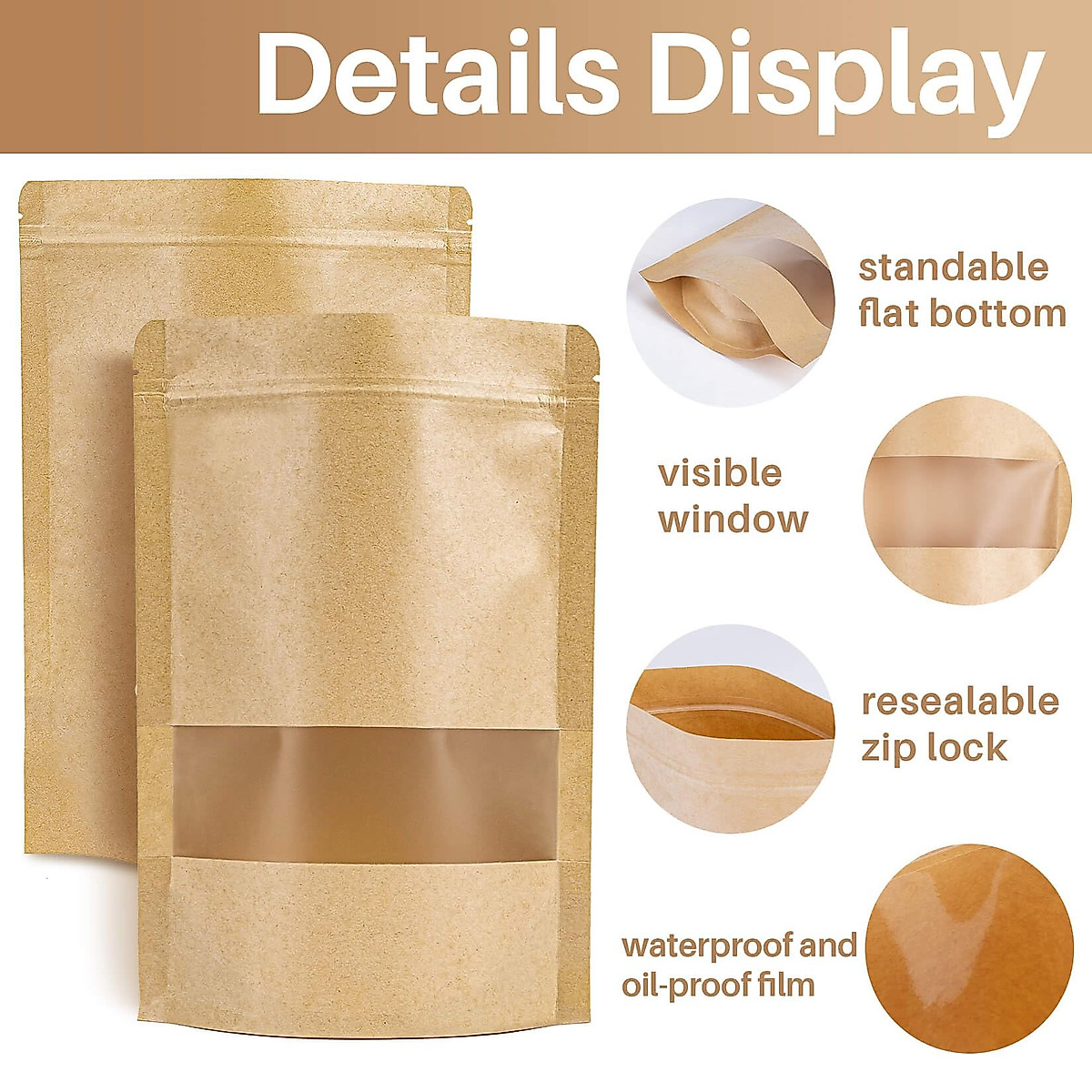 MAQIHAN 46 Stand Up Pouches Bags - 5.9"×8.6" Resealable Ziplock Kraft Paper Bags Window Food Packaging Homemade Bagel Bread Cookie Candy Tea Herb Spice Coffee Jerky Dog Treat Bags Small Business