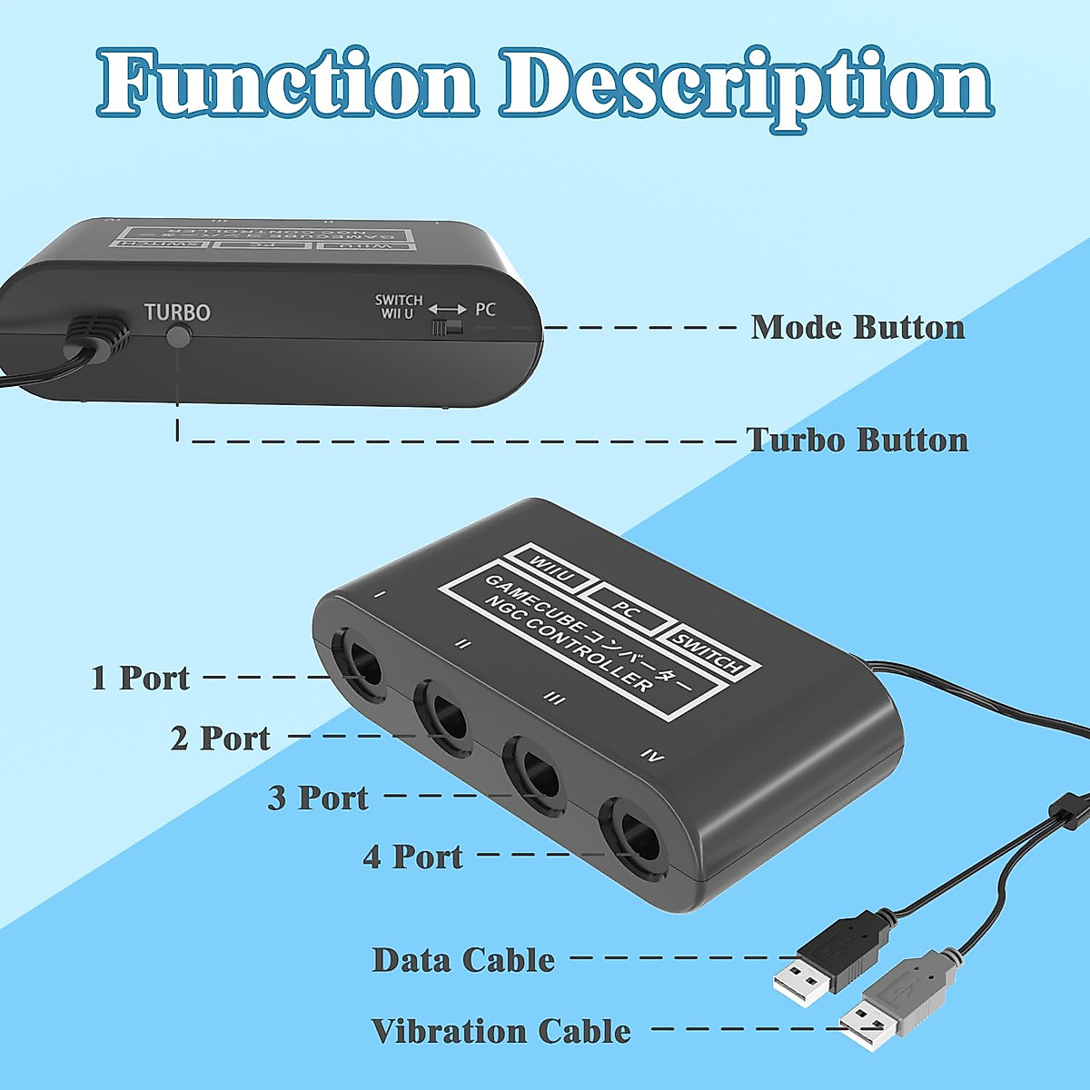 pdobq Gamecube Controller Adapter for Nintendo Switch Gamecube Adapter, Super Smash Bros Gamecube Adapter for Wii u/Switch/PC USB, Support 4 Gamecube Controller and 180cm Long Data Cable