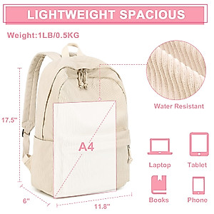 School Backpack for Teen Girls Bookbags Elementary High School Corduroy Laptop Bags Women Travel Daypacks (Beige)