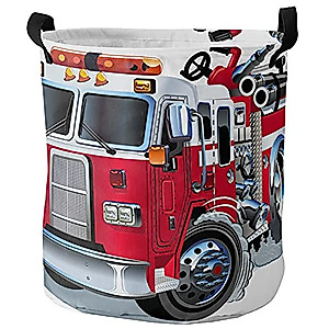 Fire Truck Round Laundry Hamper with Handles Cartoon Fire Truck Pattern Red Cool Oxford Fabric Dirty Clothes Hamper Collapsible Storage Basket/Toy Organizer for College Dorms Boys and Girls